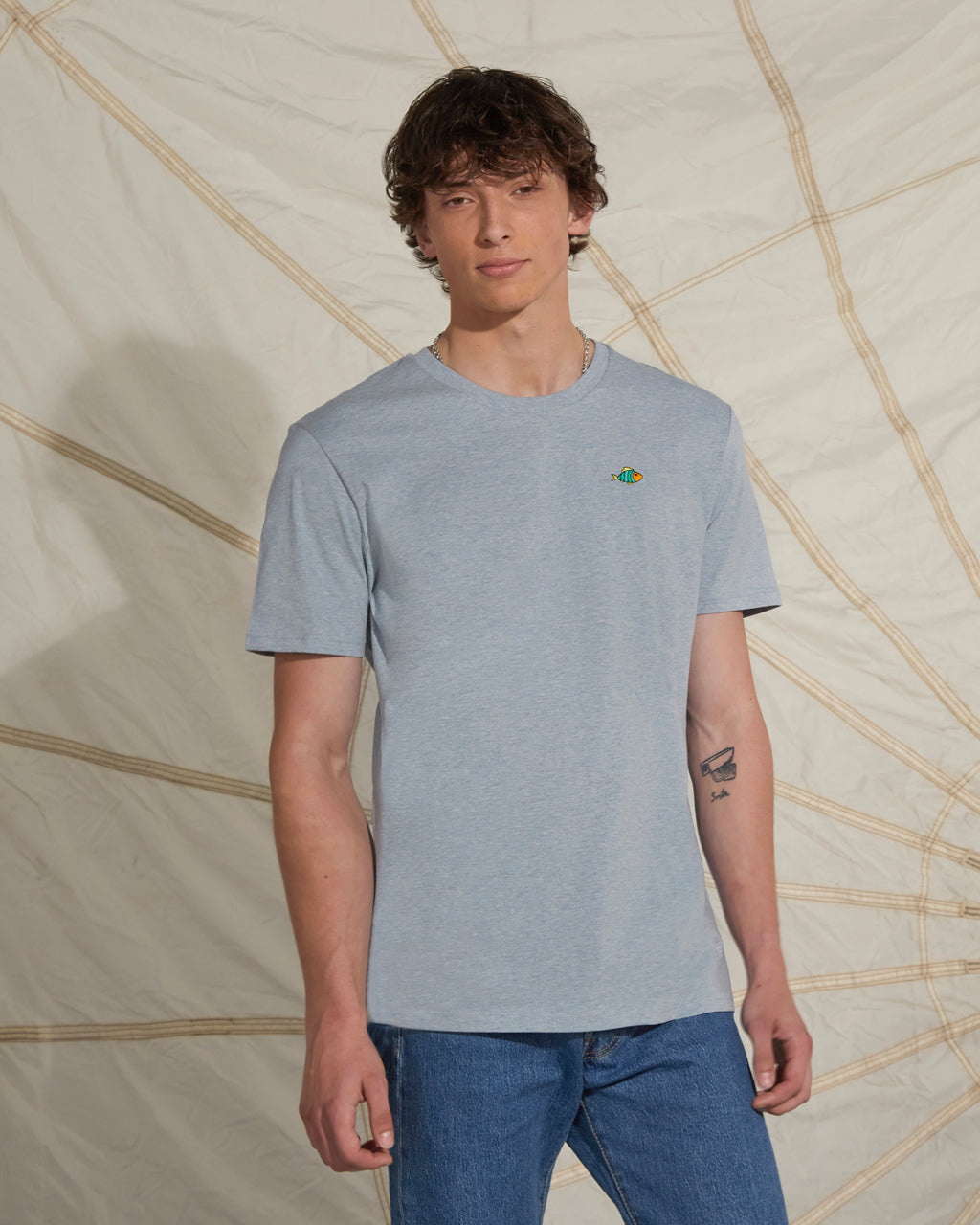 Fish Embroidered T-Shirt Heather Ice Blue | Coveti