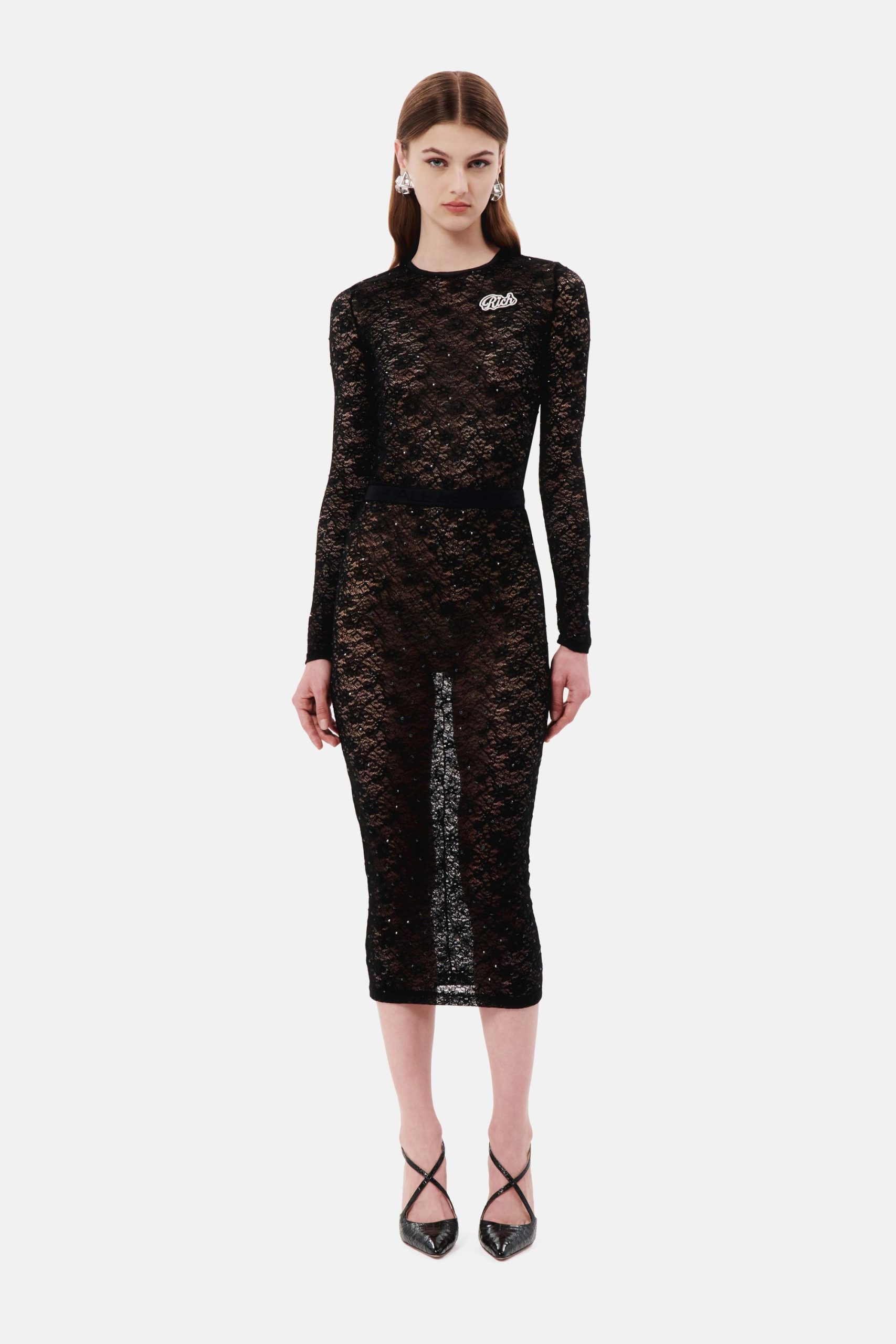 Alessandra Rich Stretch Lace Midi Skirt With Hotfix | Designer ...