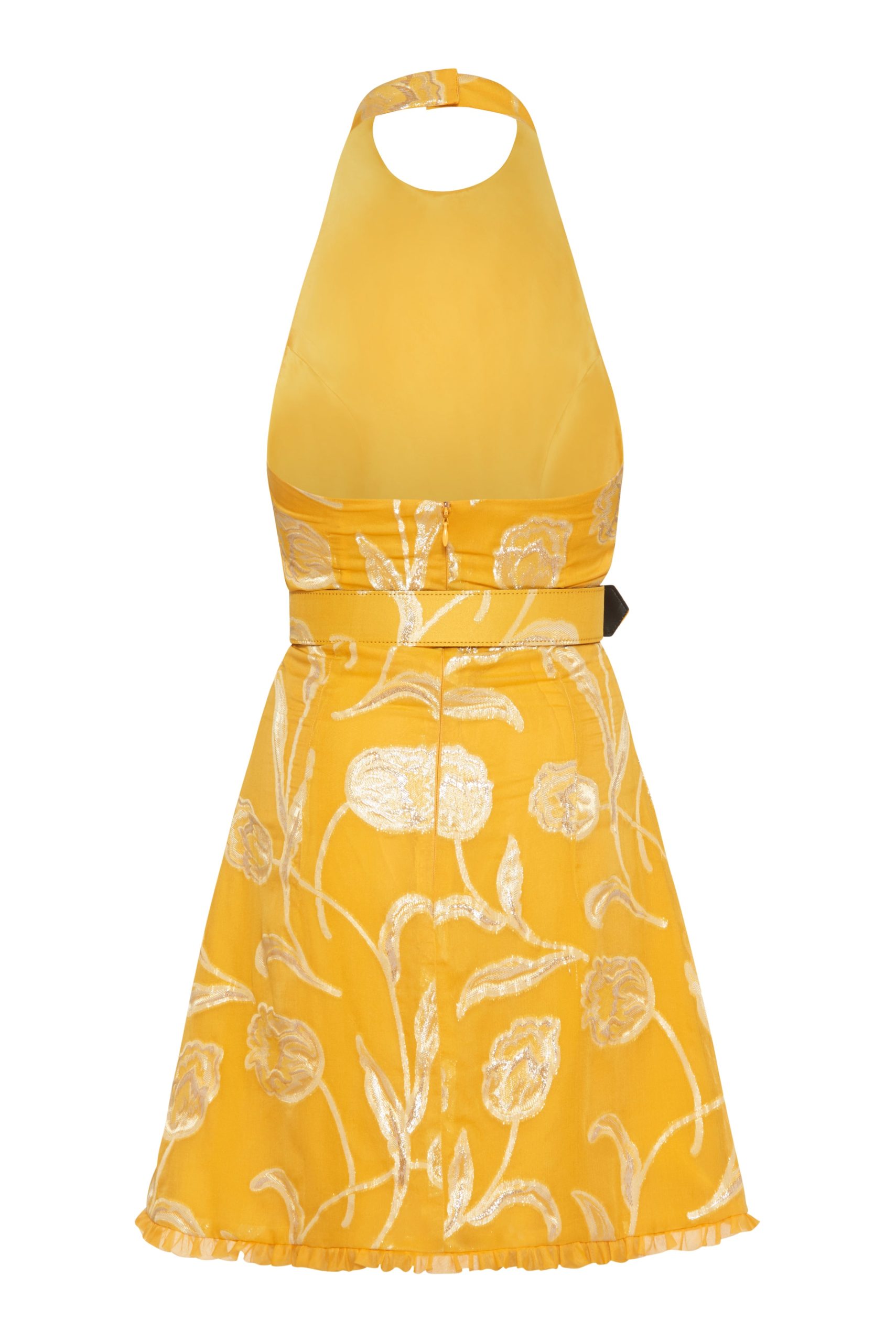 Markarian Agave Yellow Floral Halter Mini Dress With Belt | Luxury ...