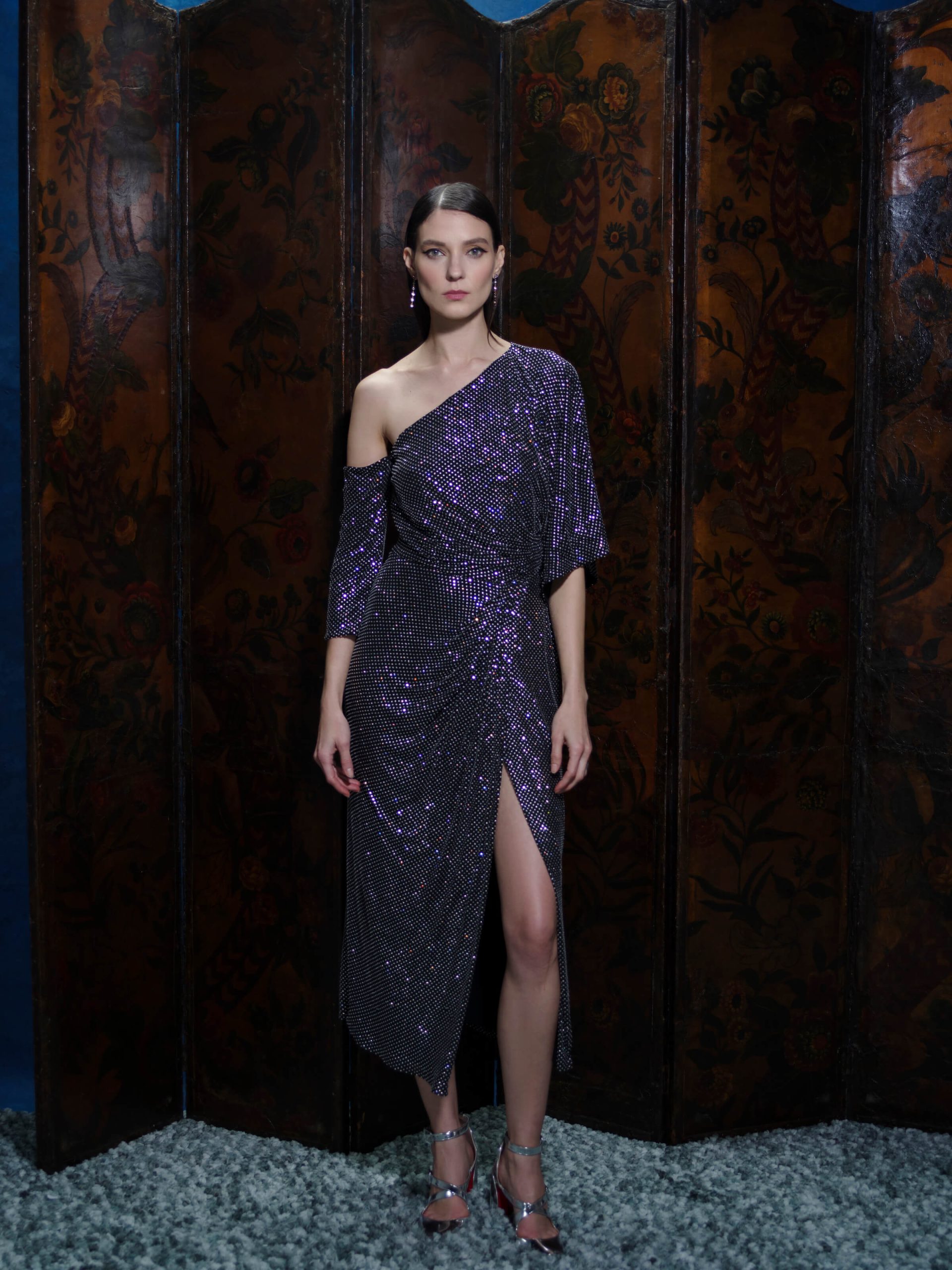 Markarian Bijou Crystal Asymmetric Draped Off The Shoulder Midi Dress ...