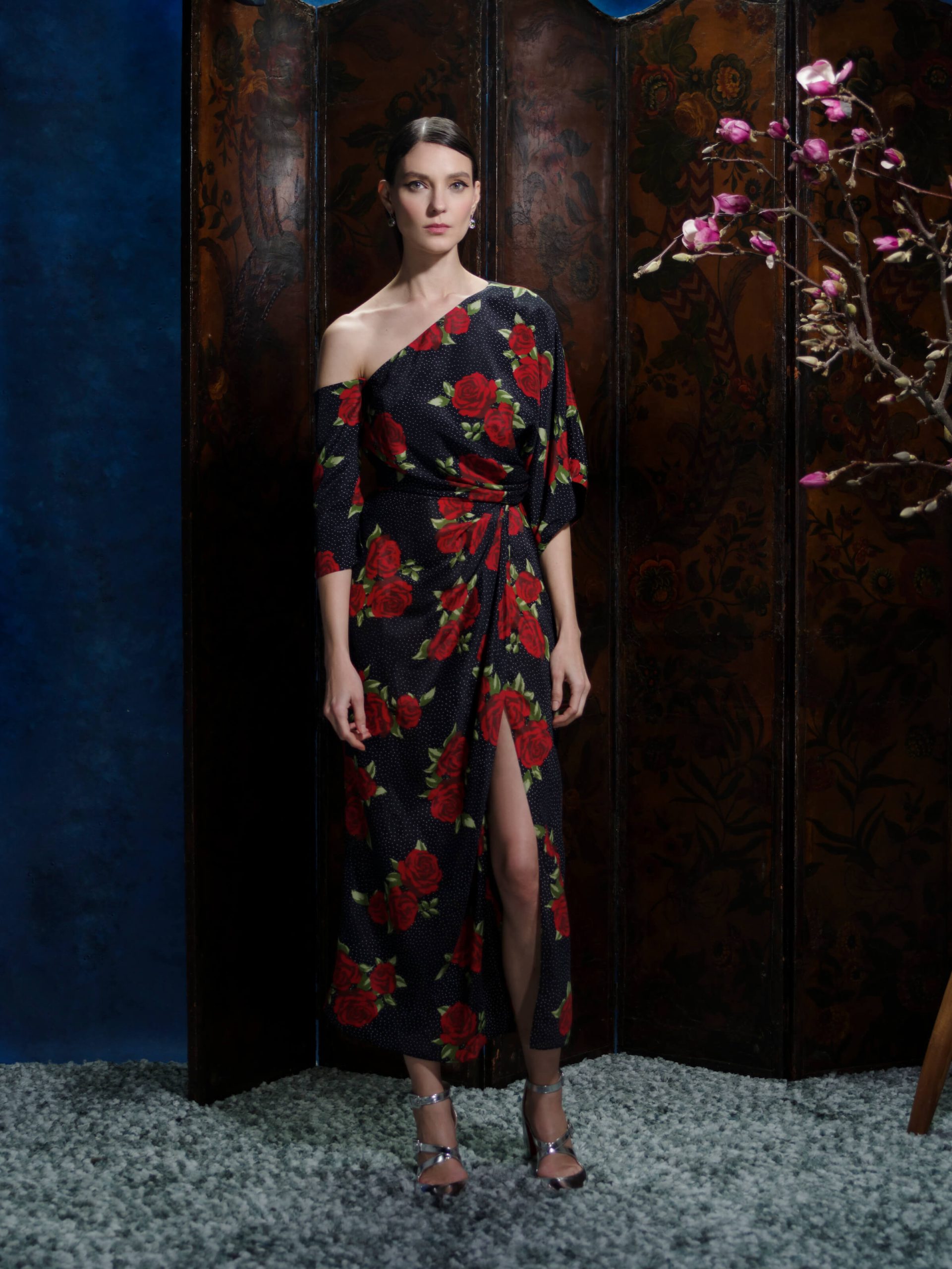 Markarian Bijou Rose Dot Print Asymmetric Draped Off The Shoulder Midi ...