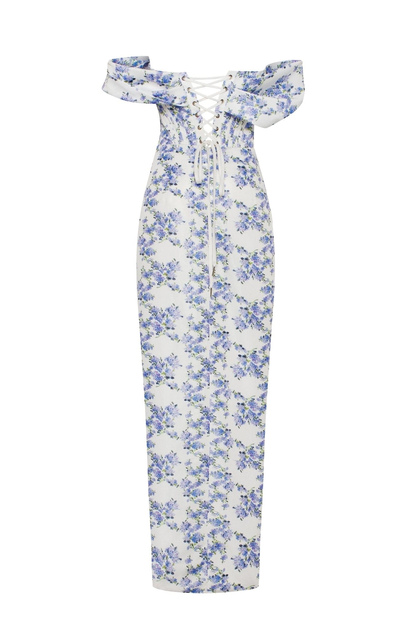 Milla Blue Hydrangea off-shoulder satin dress | Coveti
