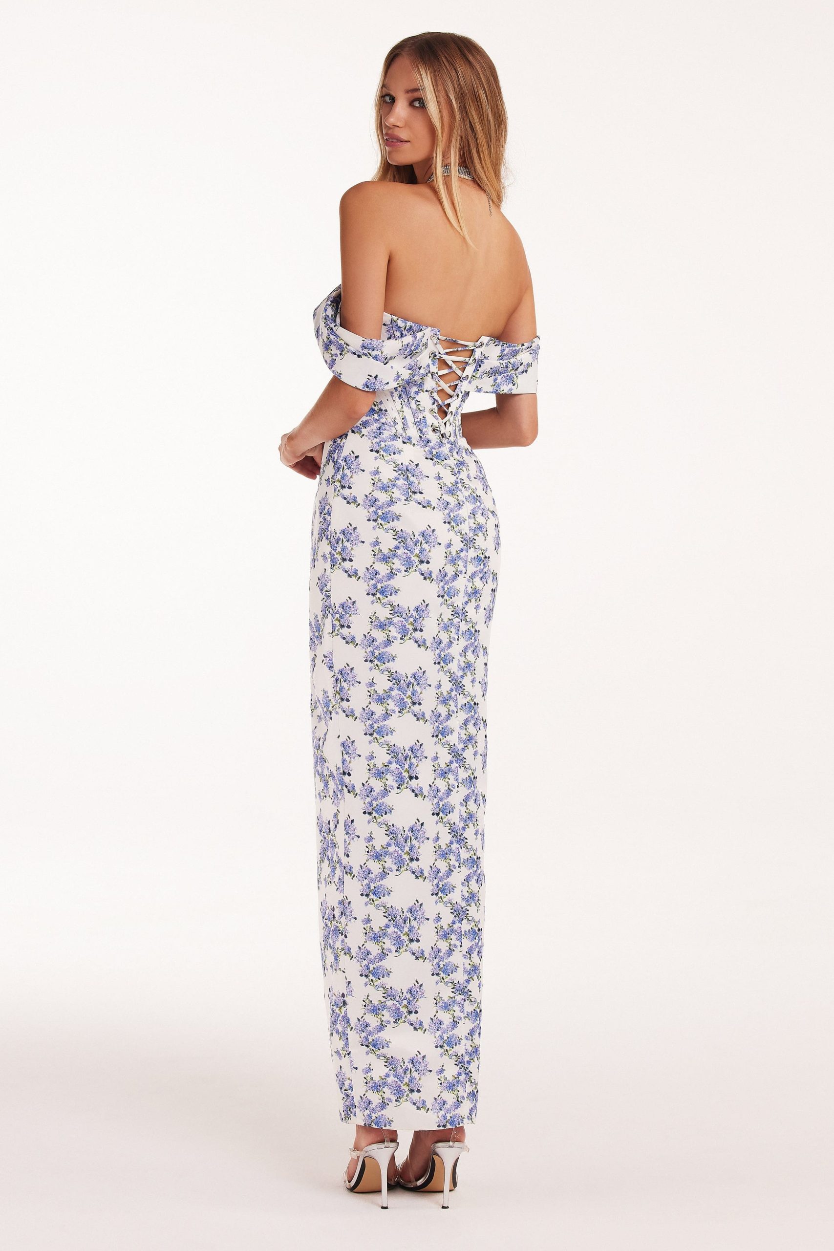 Milla Blue Hydrangea off-shoulder satin dress | Coveti