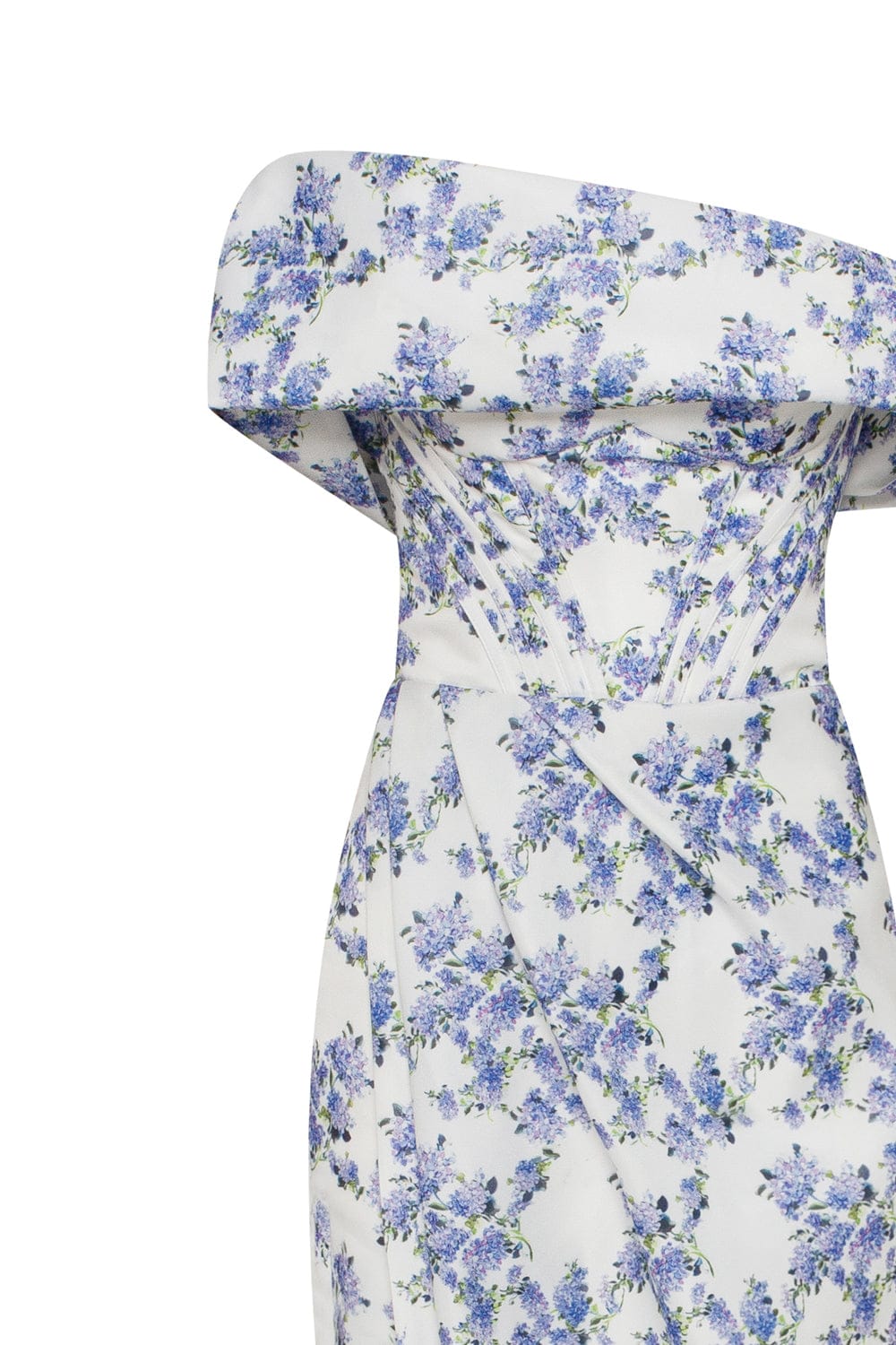Milla Blue Hydrangea off-shoulder satin dress | Coveti