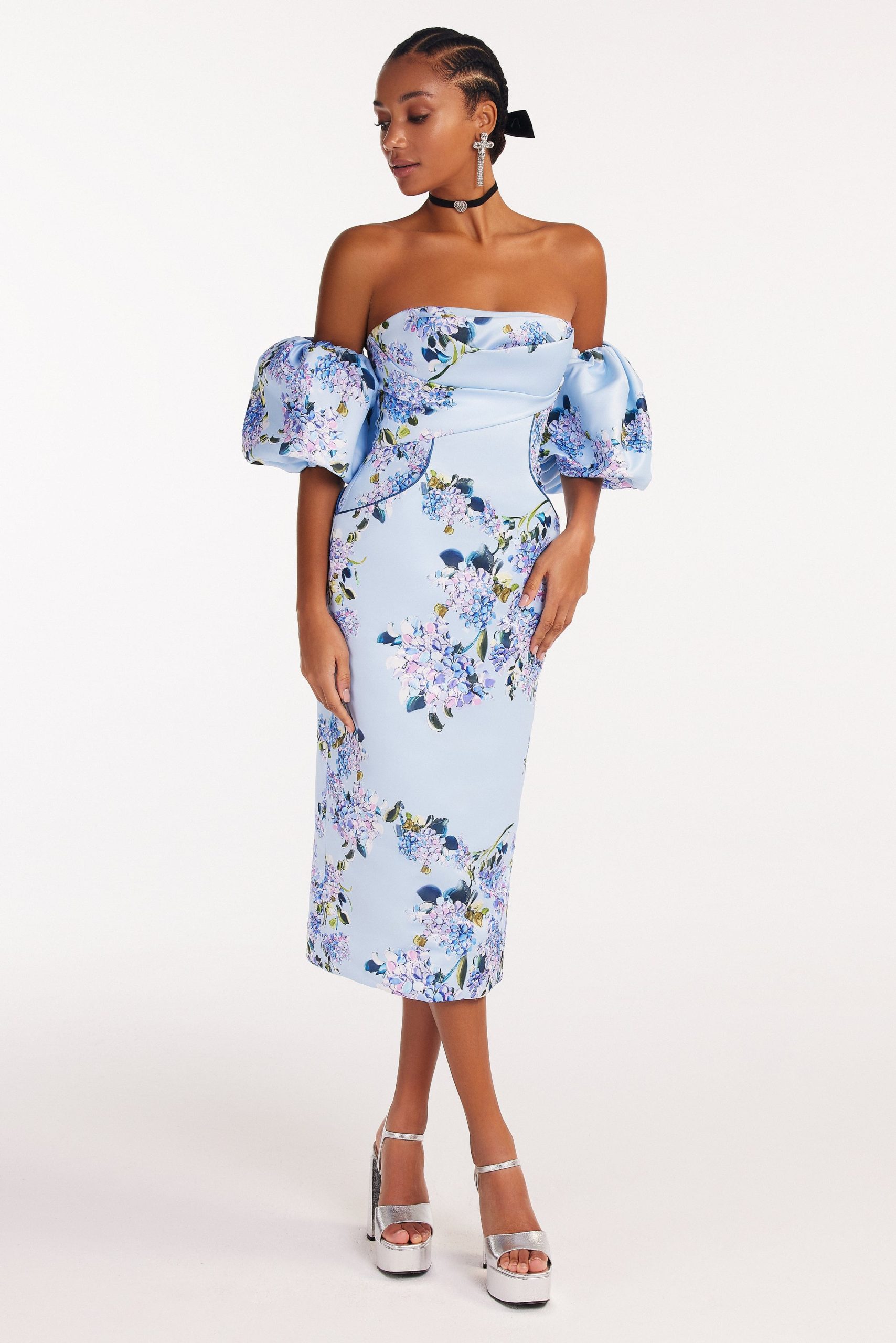 Milla Blue Hydrangea puff-sleeve midi dress | Coveti