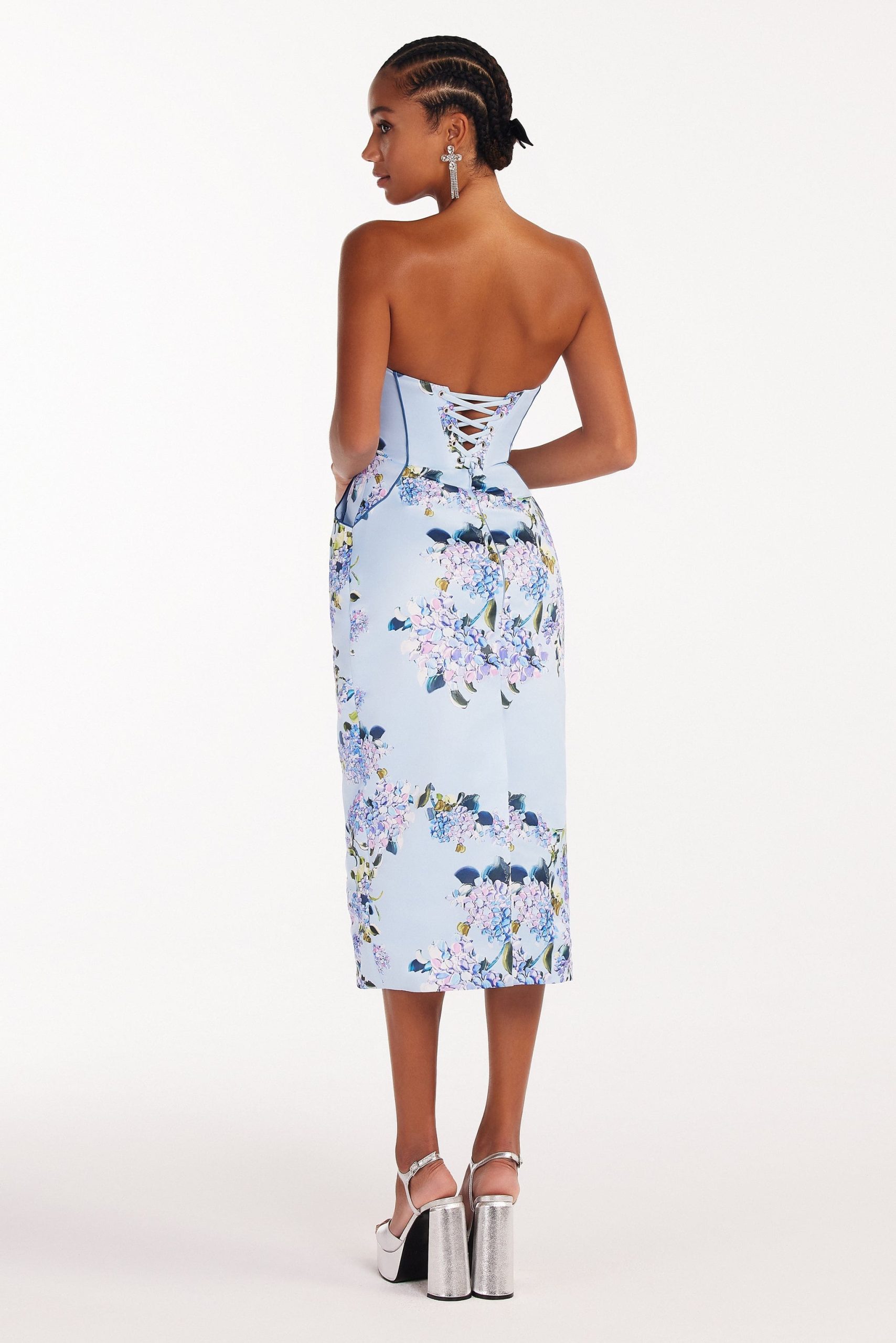 Milla Blue Hydrangea puff-sleeve midi dress | Coveti