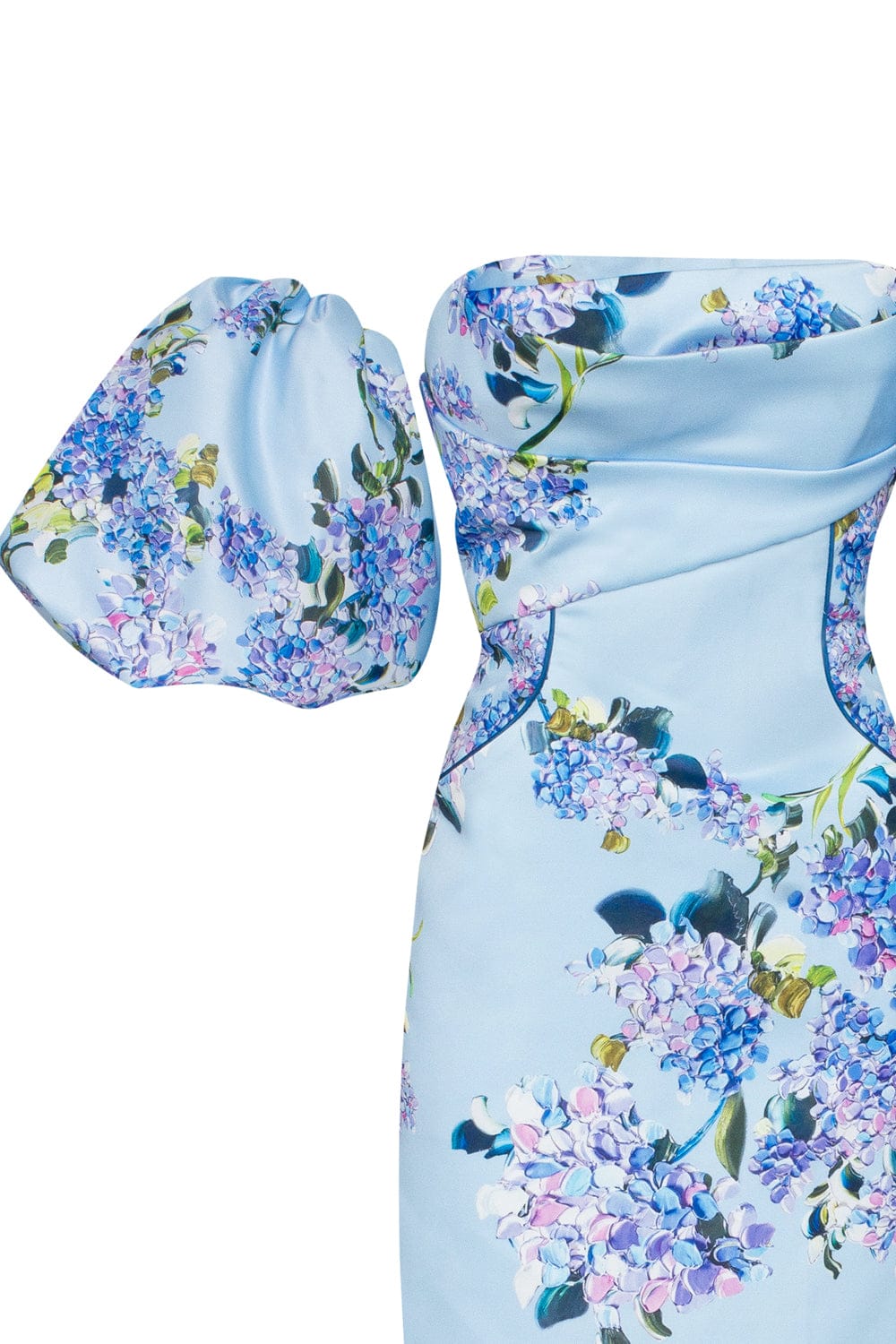 Milla Blue Hydrangea puff-sleeve midi dress | Coveti
