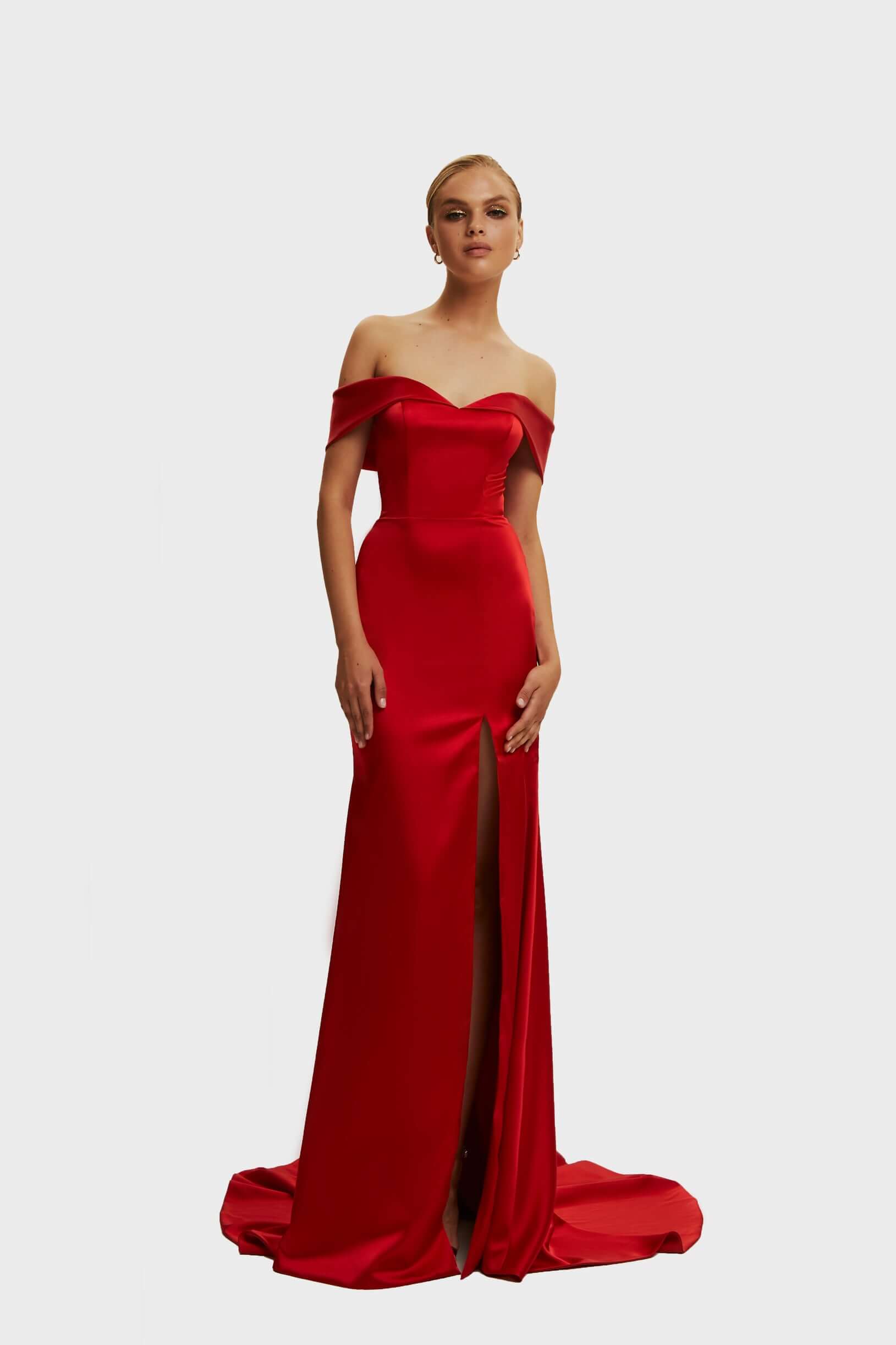 Milla Classy drop-shoulder red satin dress | Coveti