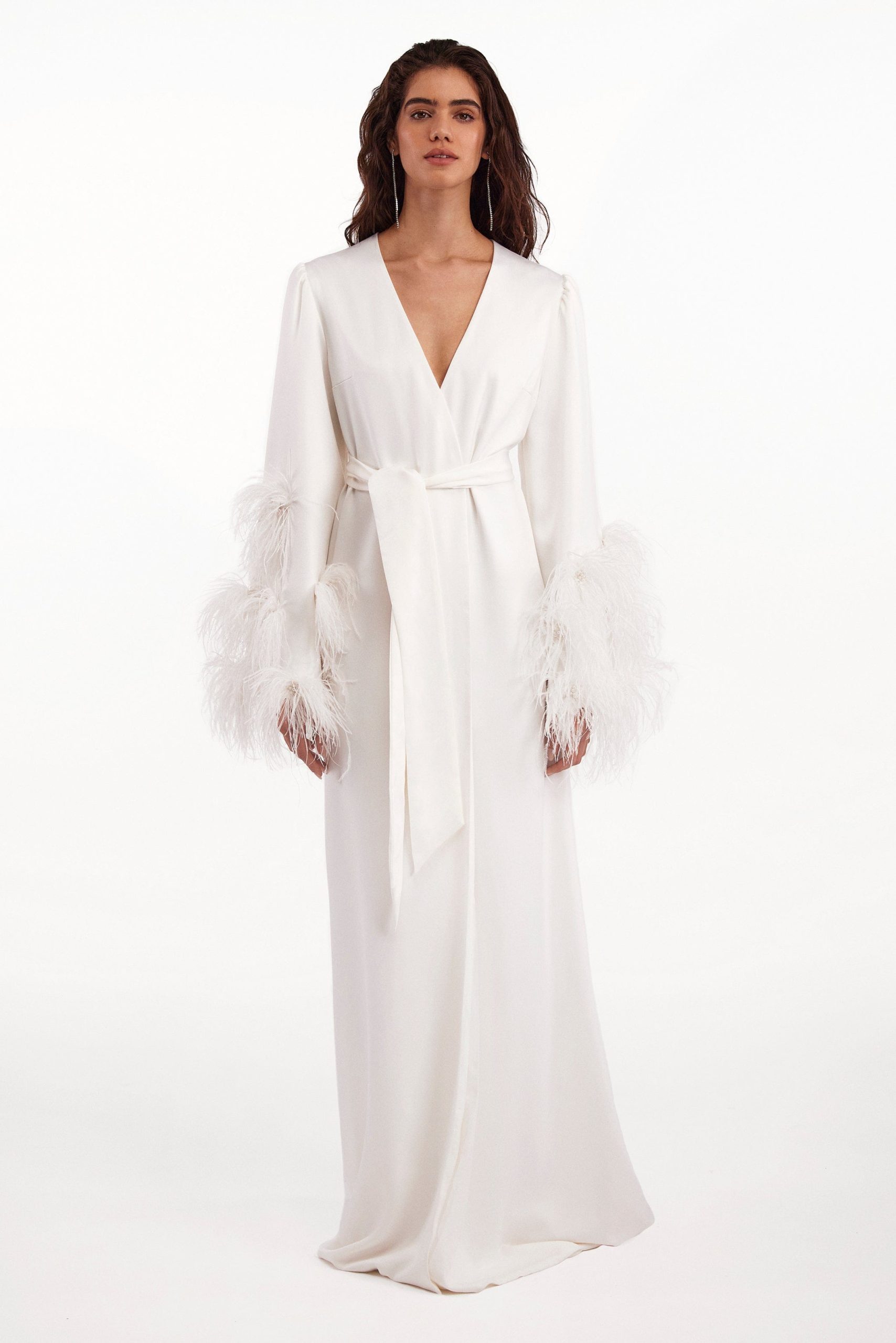 Milla Delicate feather-trimmed satin robe | Coveti