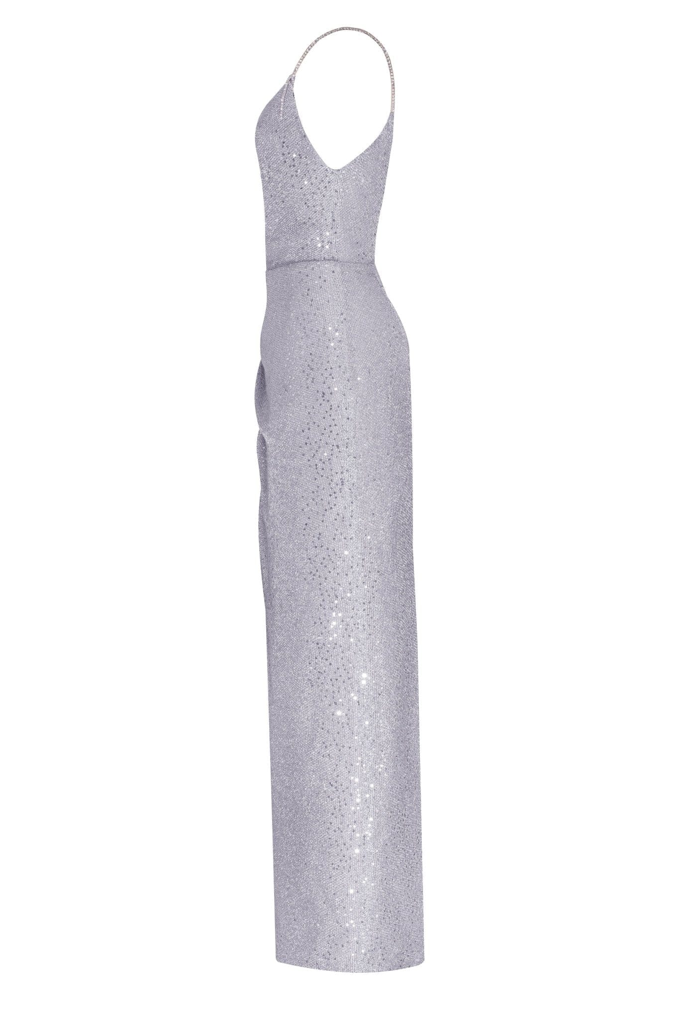 Milla Spaghetti straps silver sparkling wrapped maxi dress | Coveti