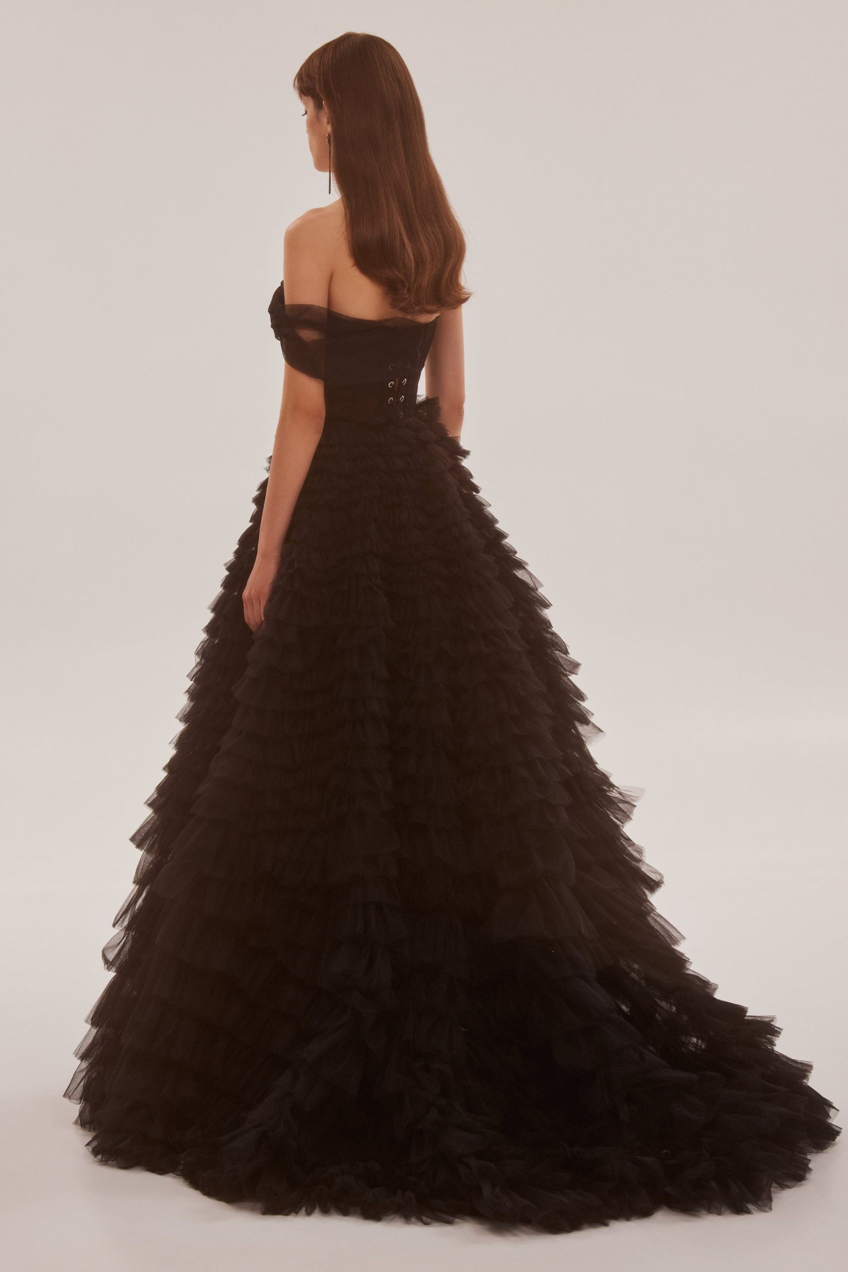 Milla Timeless one-shoulder frill-layered ball gown in black | Coveti
