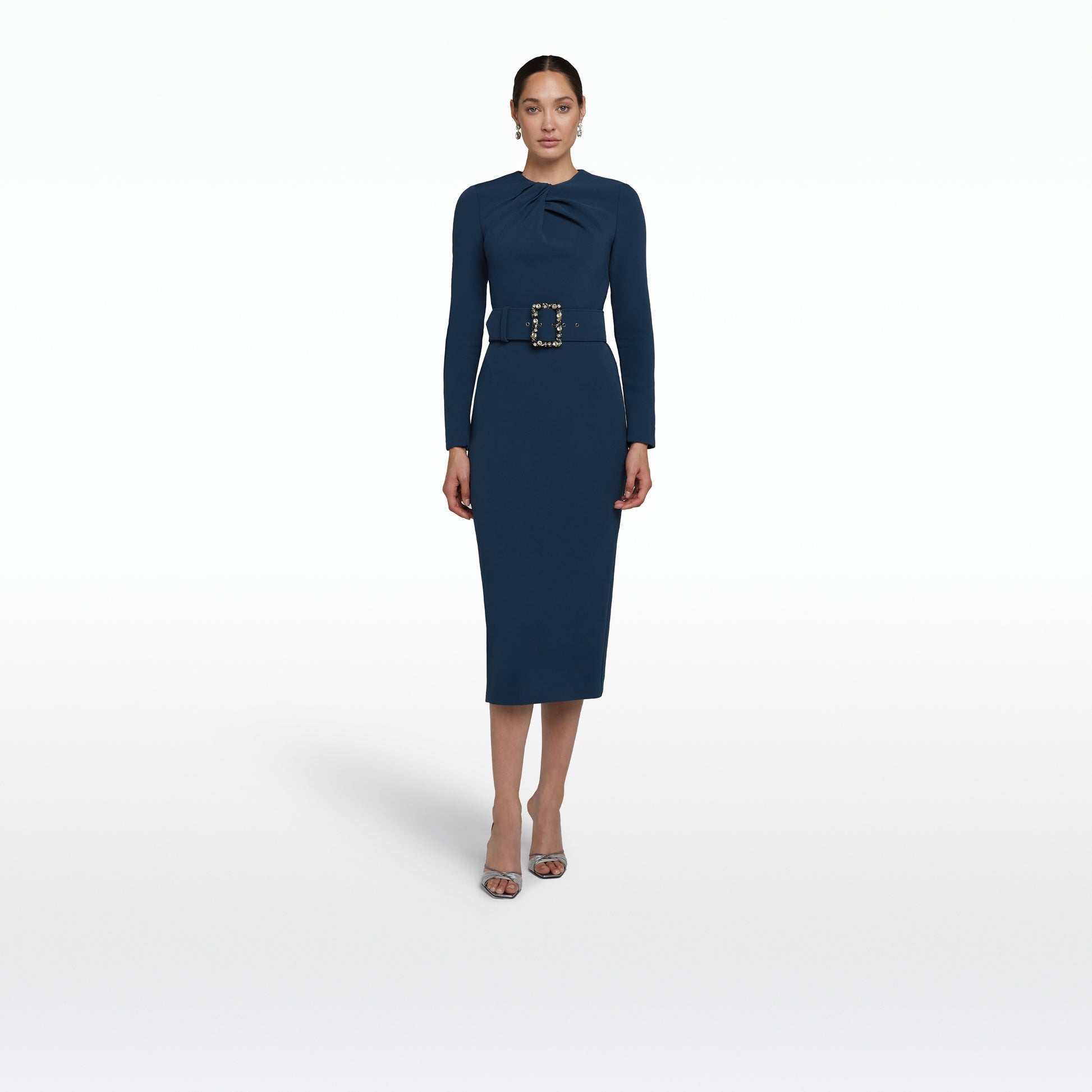Safiyaa Brunna Ink Blue Midi Dress With Embroidered Belt | Luxury Ready ...
