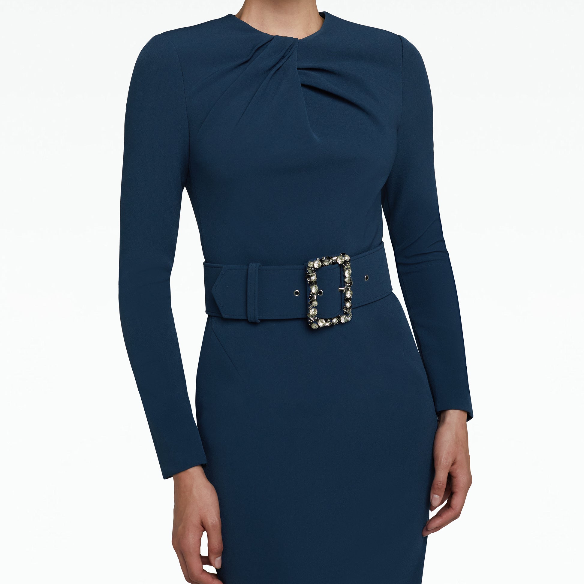 Safiyaa Brunna Ink Blue Midi Dress With Embroidered Belt | Luxury Ready ...