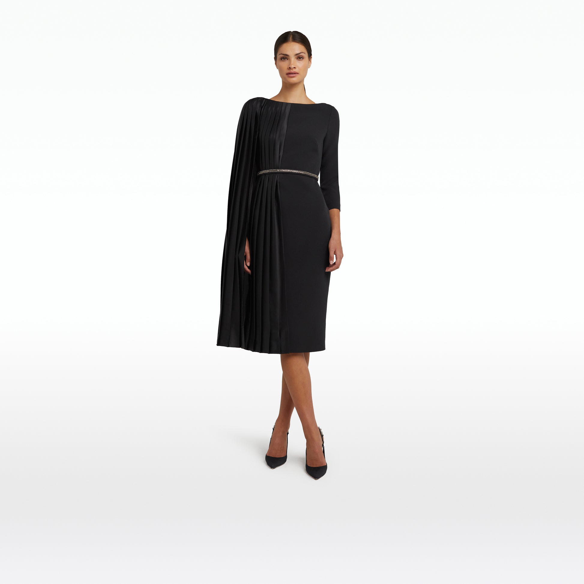 Safiyaa Liba Black Midi Dress With Embroidered Belt | Luxury Ready to ...