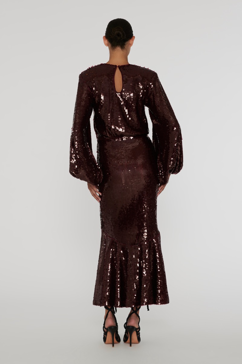 Rotate Brown Sequins Maxi Dress Bordeaux | Contemporary Ready to Wear ...