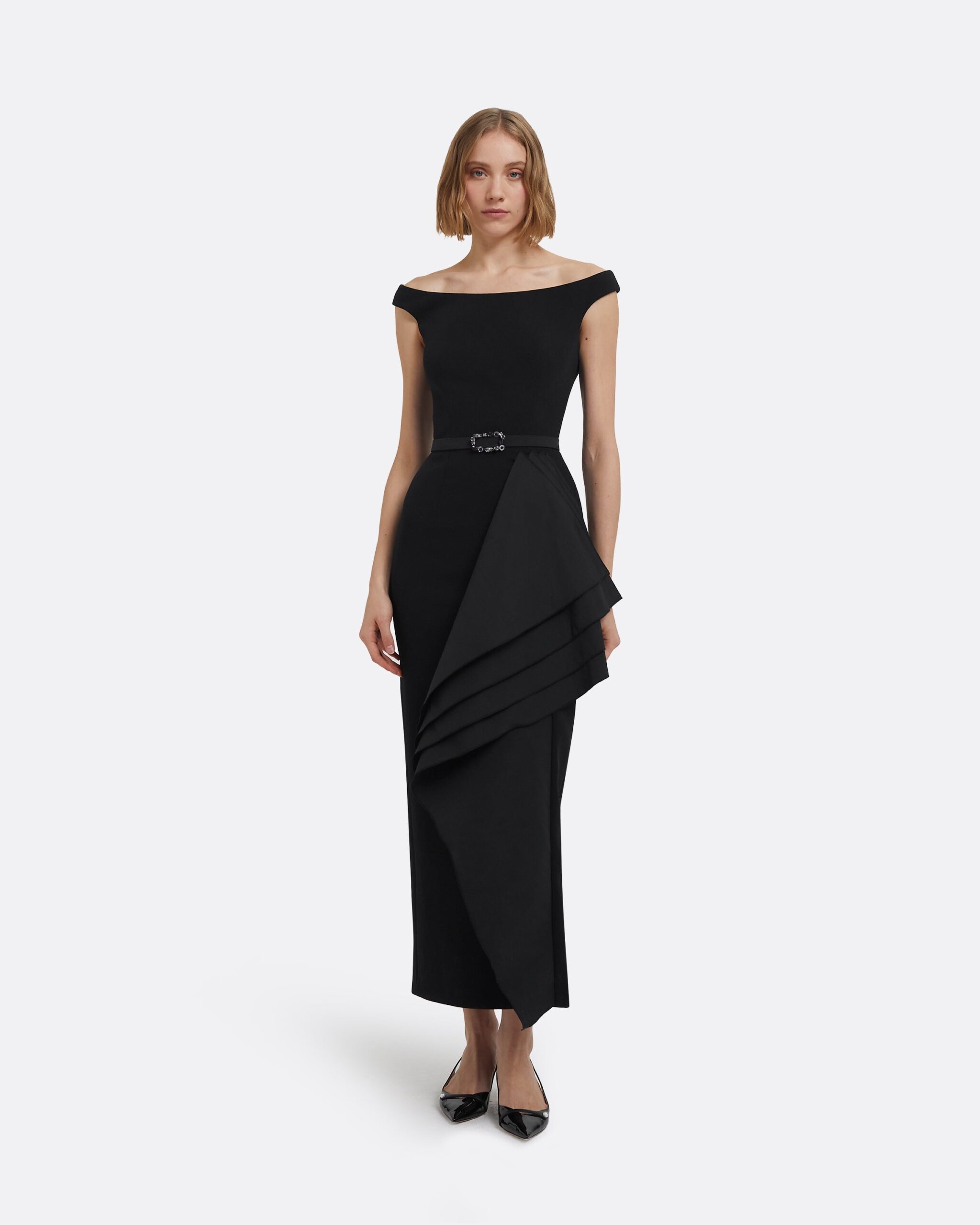 Bree Midi Dress In Black With Embellished Belt | Safiyaa Coveti