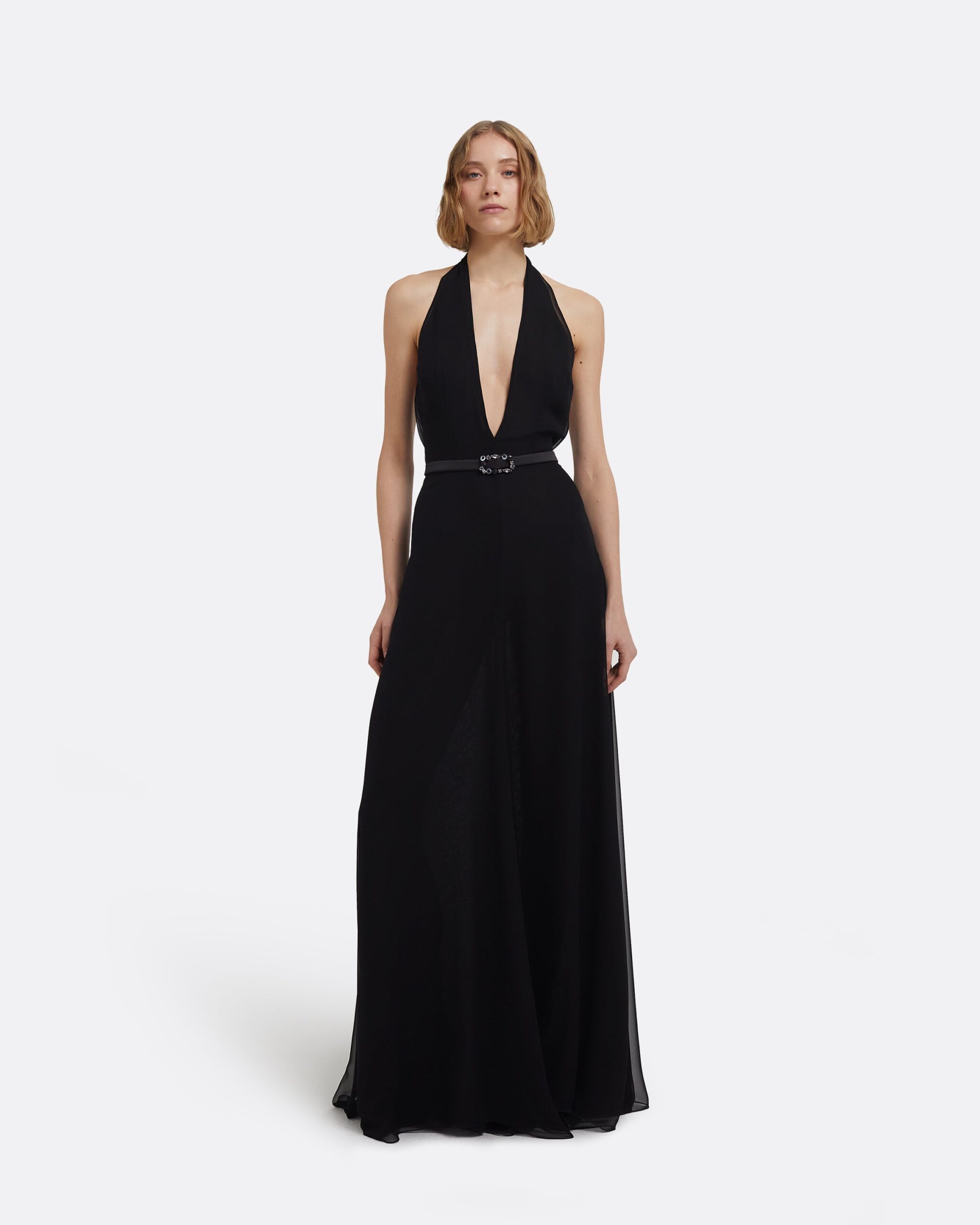 Morgana Long Dress In Black With Embellished Belt | Safiyaa Coveti