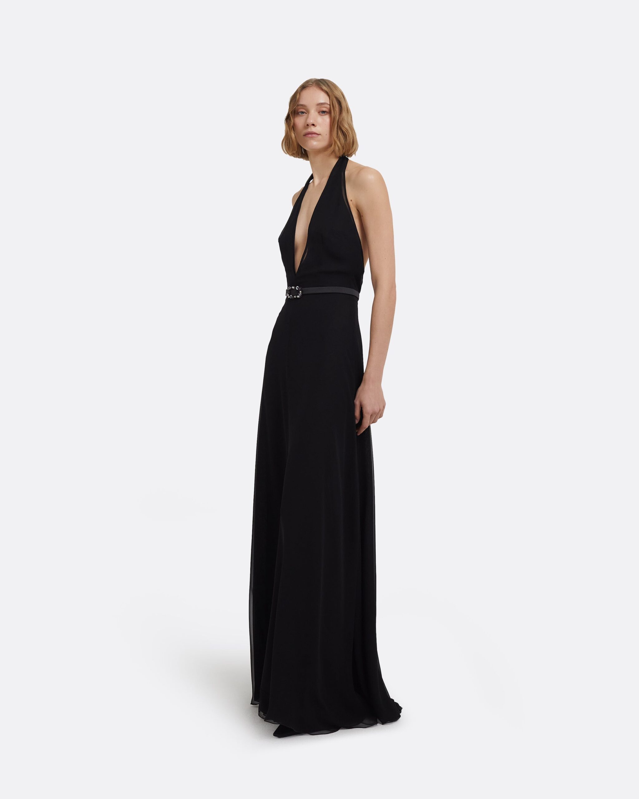Morgana Long Dress In Black With Embellished Belt | Safiyaa Coveti