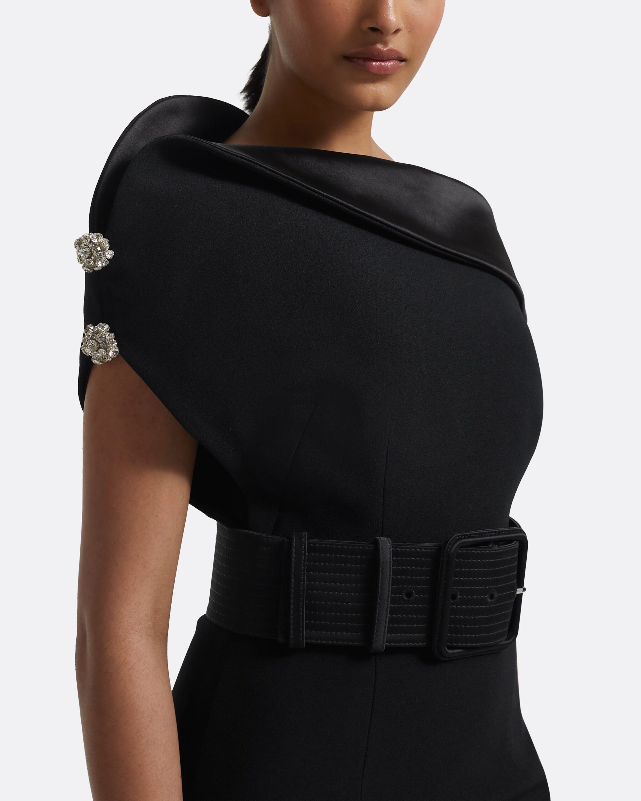 Reina Dress In Black With Crystal And Belt | Safiyaa Coveti