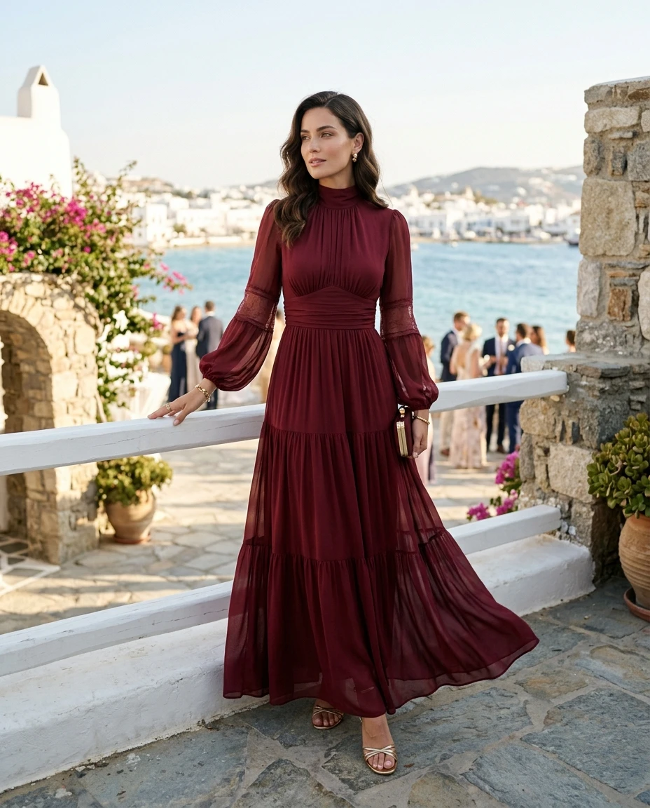 Resort chic wedding guest dress in Burgundy Summer 2026 | Fashion ...